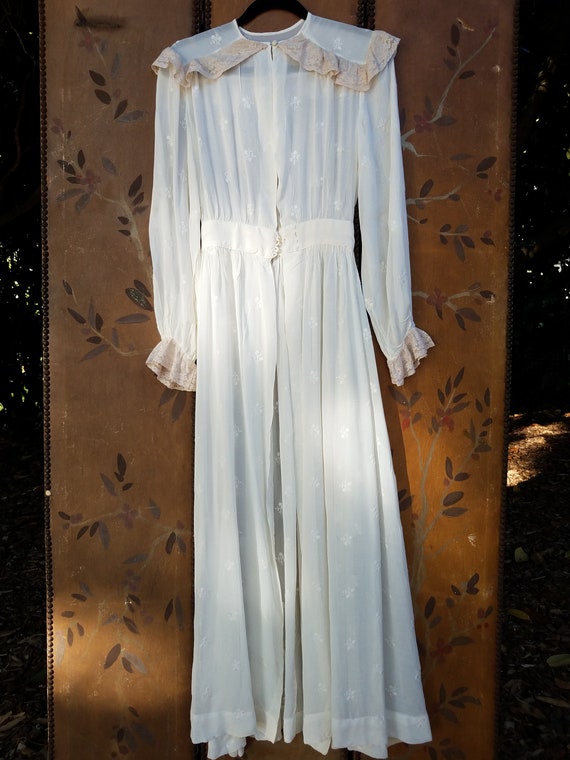 40s sheer ivory embroidered floor length dressing go… - Gem