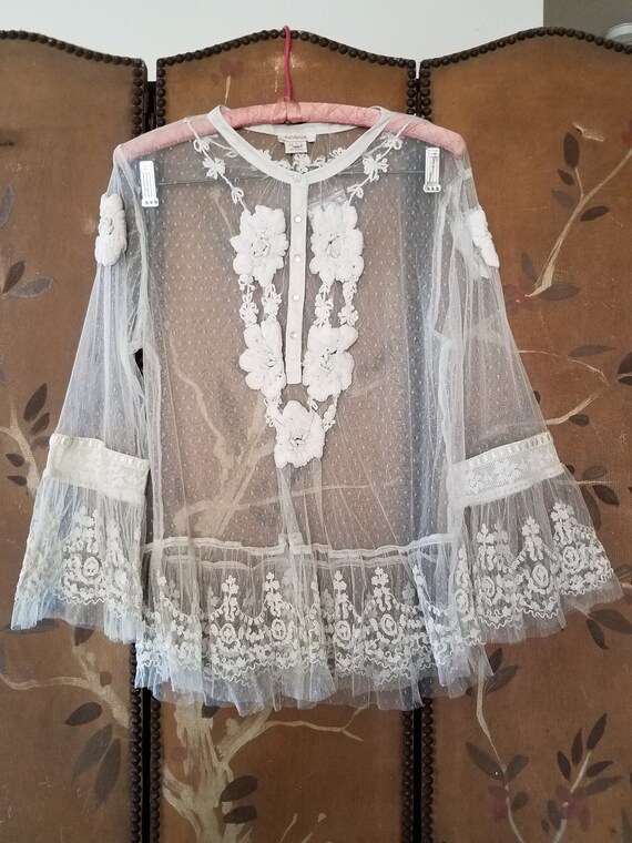 Y2K ivory sheer net and lace blouse with beaded appli… - Gem