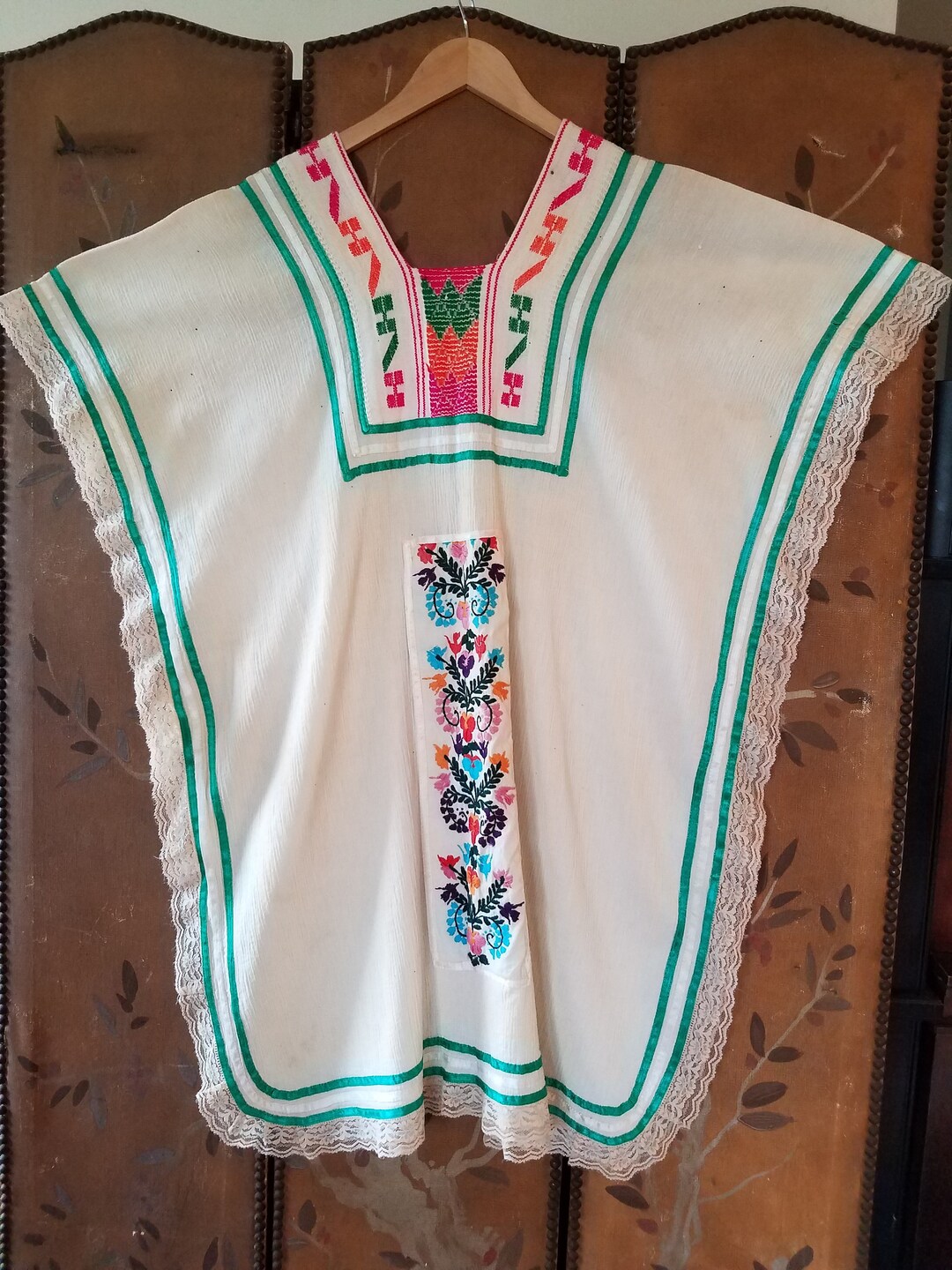 80s Mexican Embroidered Kaftan/ Poncho/ Tunic Cheese Cloth Dress With Lace and Ribbon Trimwith ...