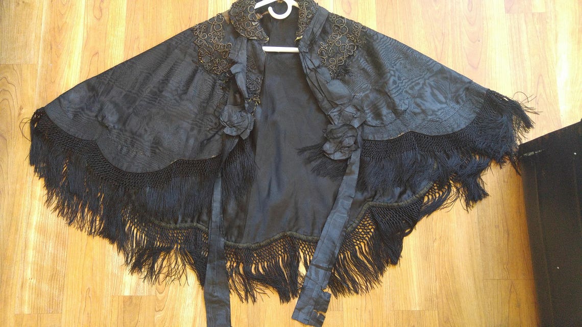 Victorian Black Brocade Embroidered Fringed Cape | Etsy