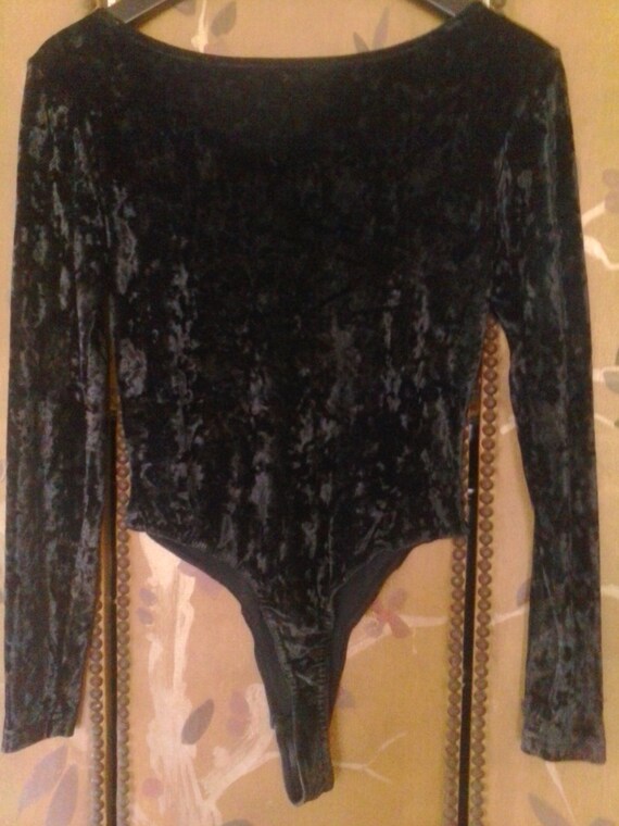 80s black velvet one piece high leg body / leotard - Gem