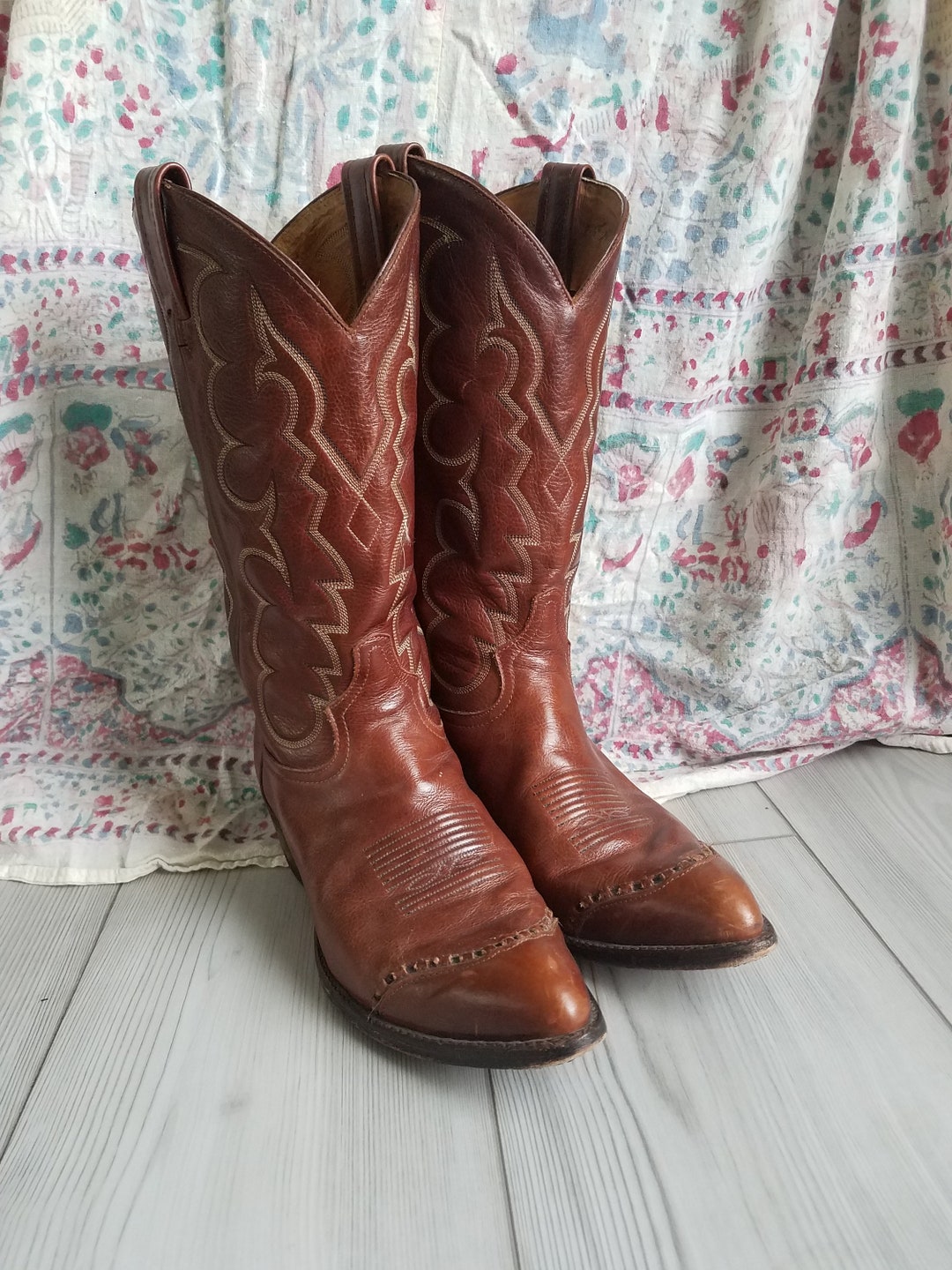 Vintage Tony Lama Brown Brandy and Tan Pointed Toe Leather Cowboy Boots ...