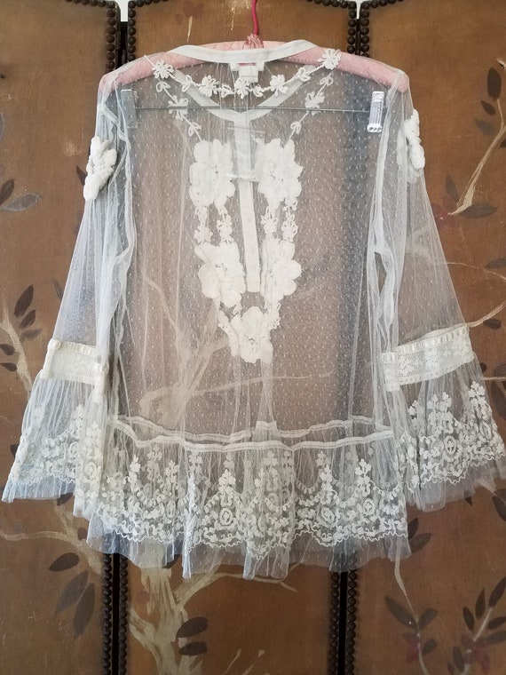 Y2K ivory sheer net and lace blouse with beaded appli… - Gem