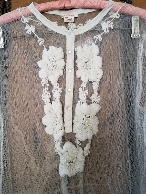 Y2K ivory sheer net and lace blouse with beaded appli… - Gem