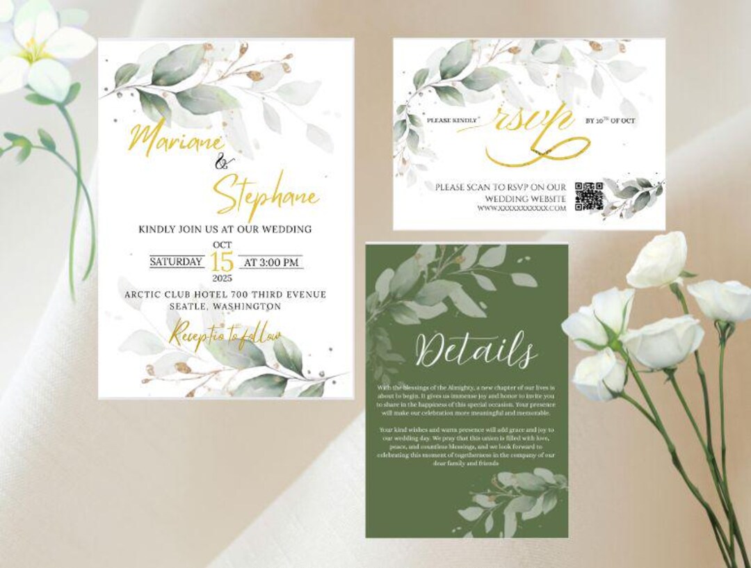 Olive Green Wedding Invitation Set | Editable Canva Wedding Invitation ...