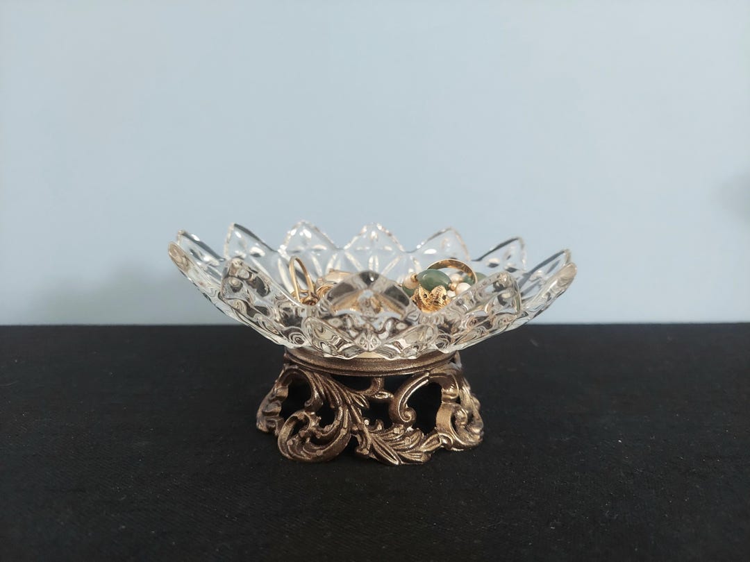 Small Flower Motif Glass Ring Dish on Vintage Antique Brass Base ...