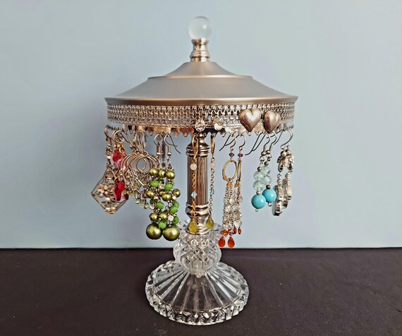 Revolving Pierced Earring Holder for 24 Pairs on Vintage Pattern Glass Lamp Base Nickel and Glass Earring Display Etsy