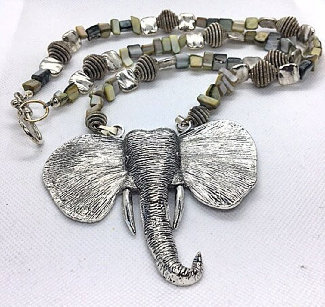 Handmade Stunning 28" ELEPHANT PENDANT NECKLACE Large Silver Elephant ...