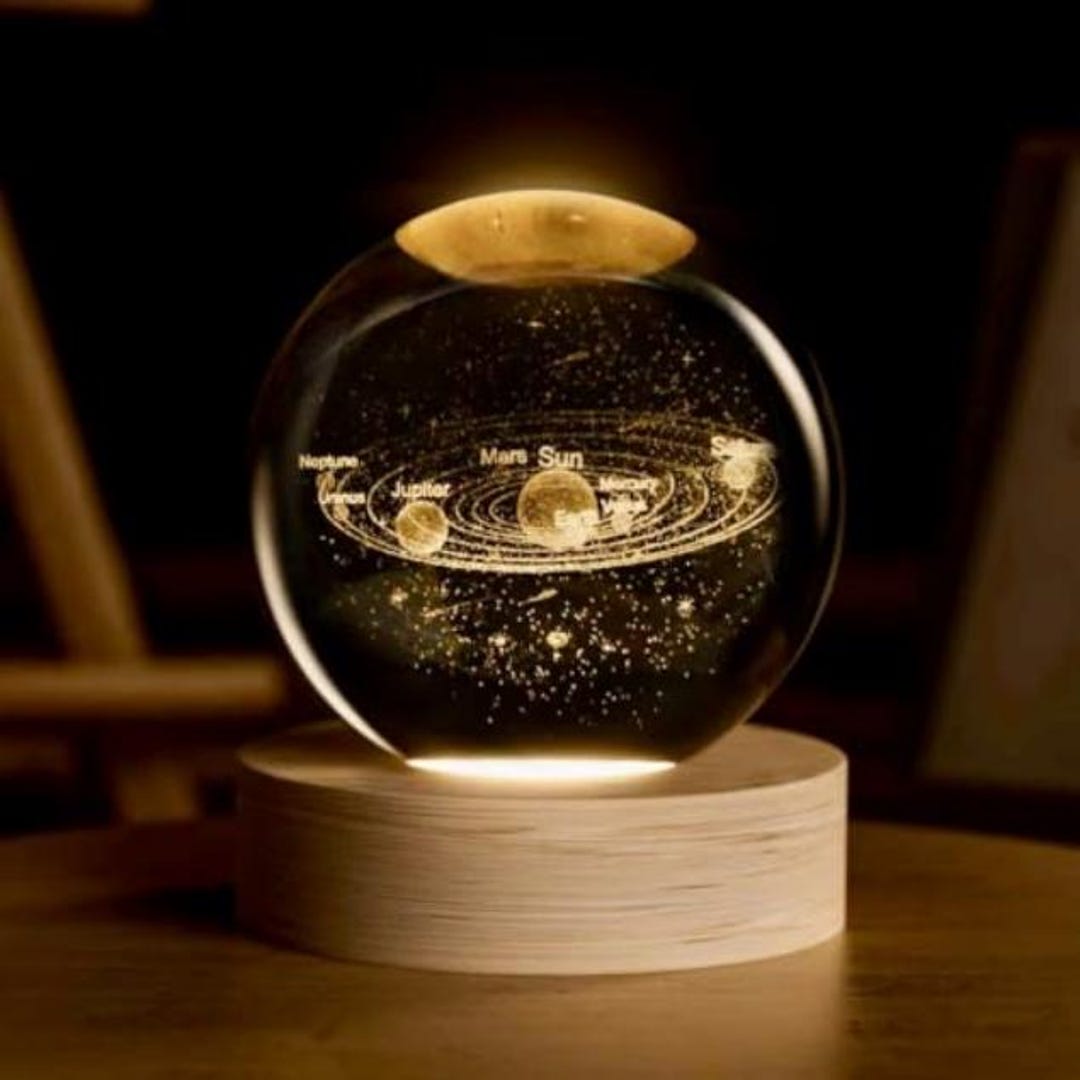 3D Solar System Crystal Ball With LED Base, Laser Engraved Space Decor ...