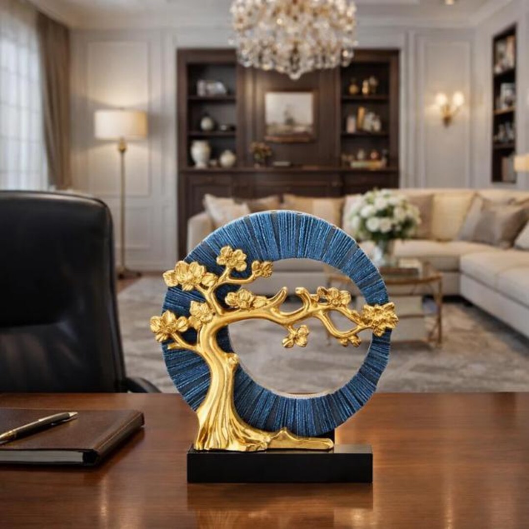 Gold Magpie Bird Sculpture on Pine Branch, Elegant Blue Gold Resin ...