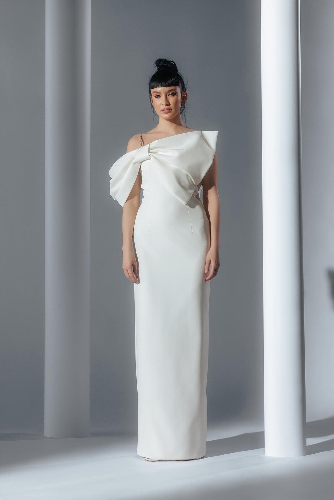 Imperial Crepe Wedding Dress, Statement Bow, Crystal Strap, Bridal ...