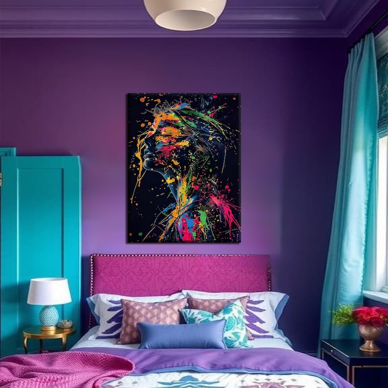 Drip Art Portrait Canvas Print, Vibrant Neon Woman Face Wall Decor ...