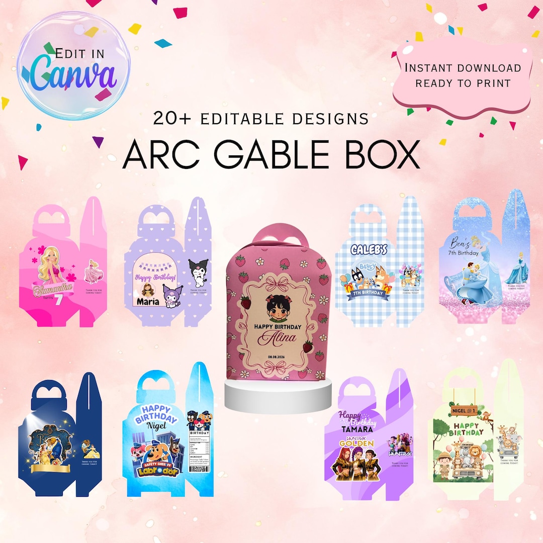 Editable ARC Gable Box Template | Birthday & Baptism Favor Box (canva ...