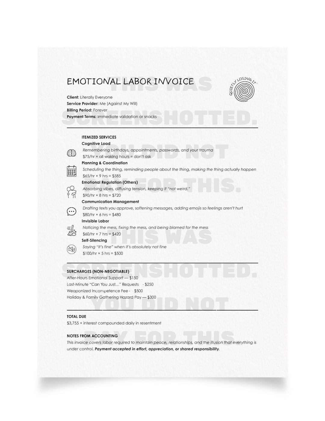 Emotional Labor Invoice Printable | Funny Mental Load Invoice | Burnout ...