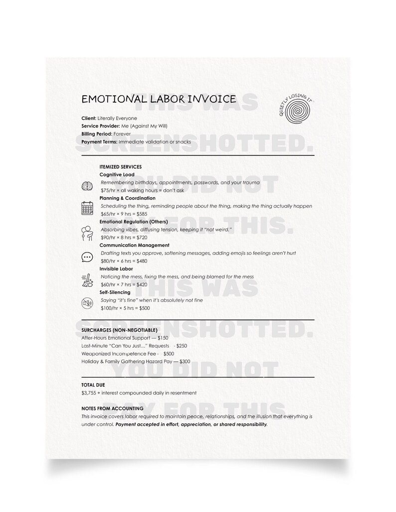 Emotional Labor Invoice Printable | Funny Mental Load Invoice | Burnout ...
