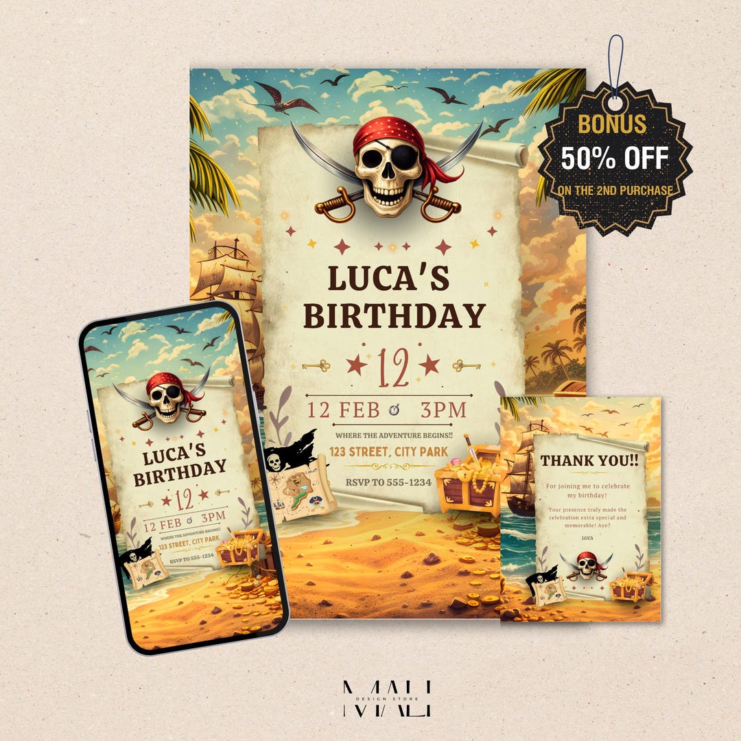 Editable Pirate Birthday Invitation Template – Caribbean Sea Pirate ...