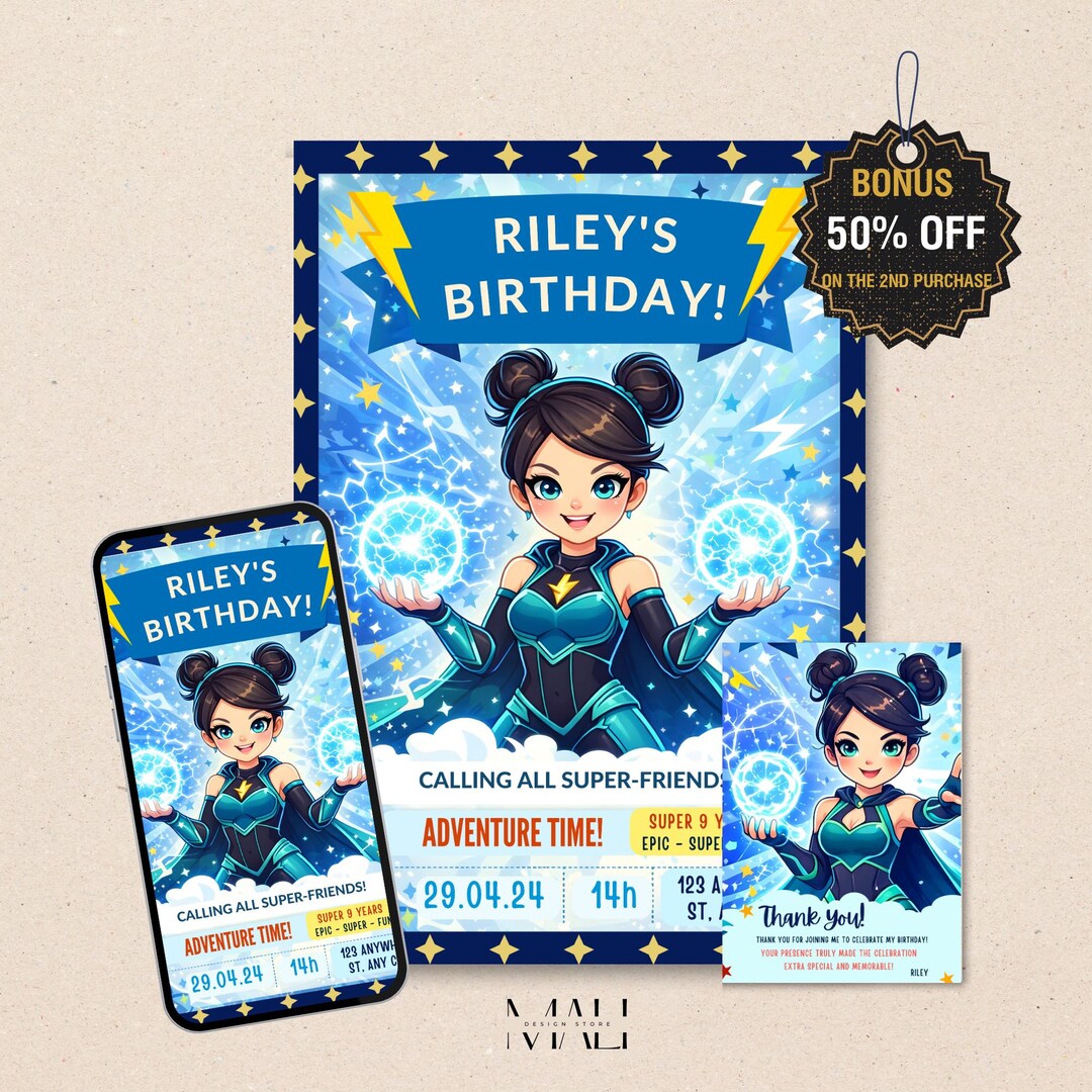 Editable Electric Girl Superhero Birthday Invitation Template ...