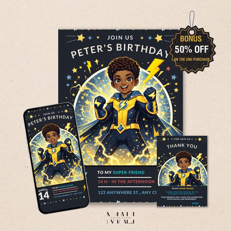 Editable Static Boy Superhero Birthday Invitation Template – Black Hero ...