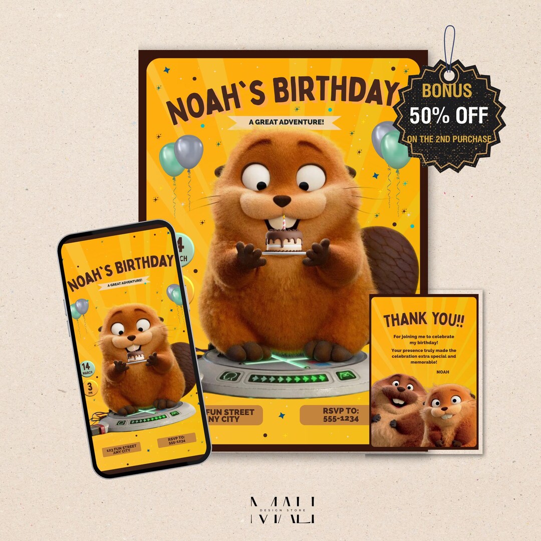 Editable Cute Beaver Birthday Invitation – Woodland Movie Animal Party ...