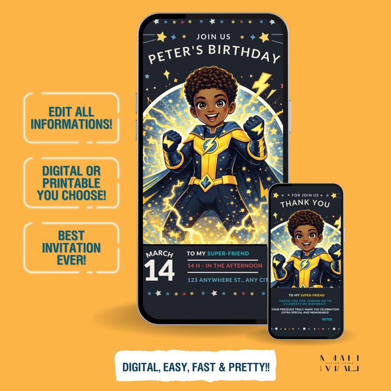 Editable Static Boy Superhero Birthday Invitation Template – Black Hero ...