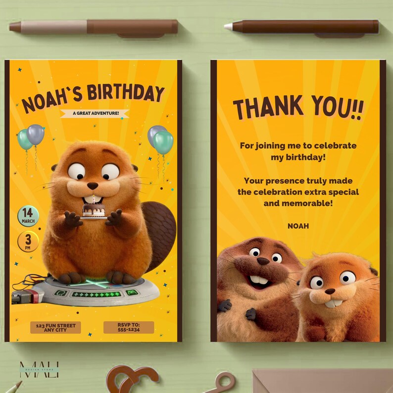 Editable Cute Beaver Birthday Invitation – Woodland Movie Animal Party ...