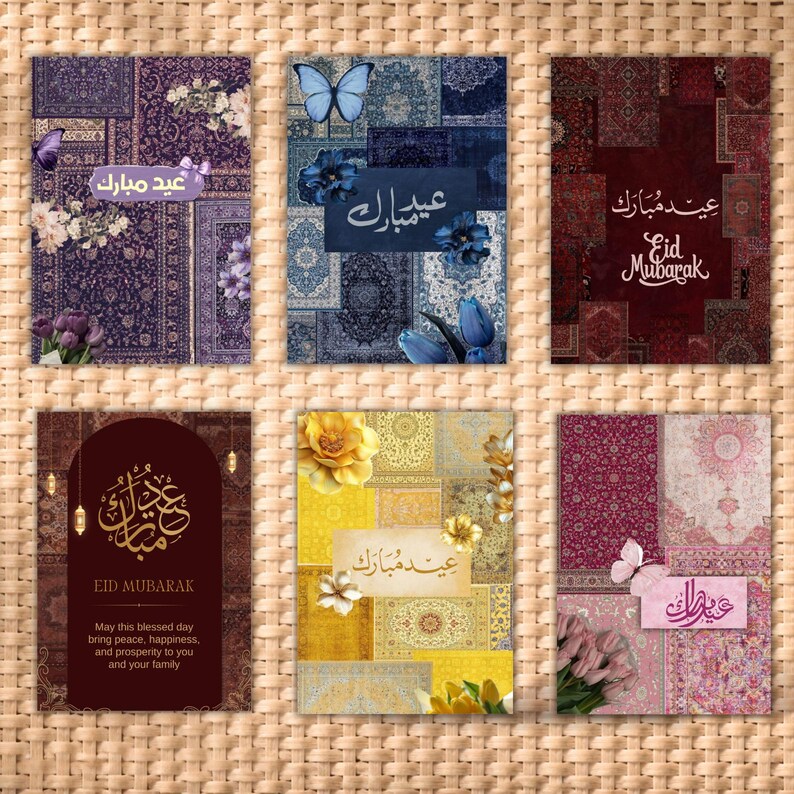 Eid Mubarak Cards Bundle Pack of 6, Vintage Calligraphy & Modern ...
