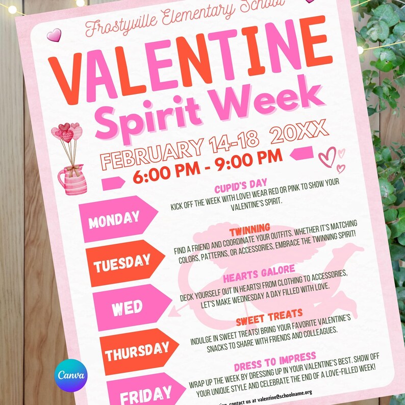 Editable Valentine Spirit Week Poster for Schools – Easy-to-use Canva ...