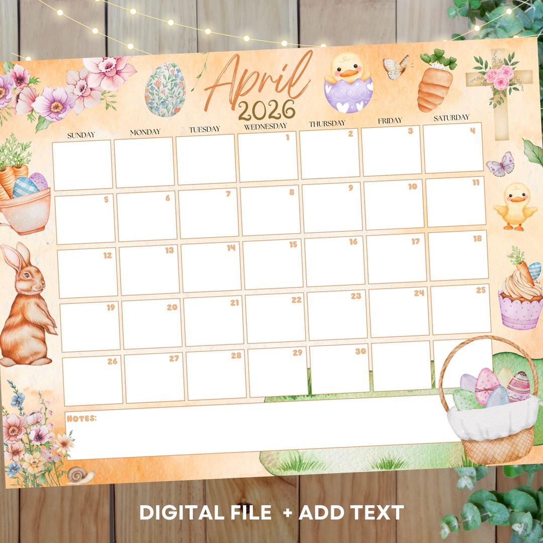 Editable PDF April 2026 Calendar Printable, Cute Easter Monthly Planner ...