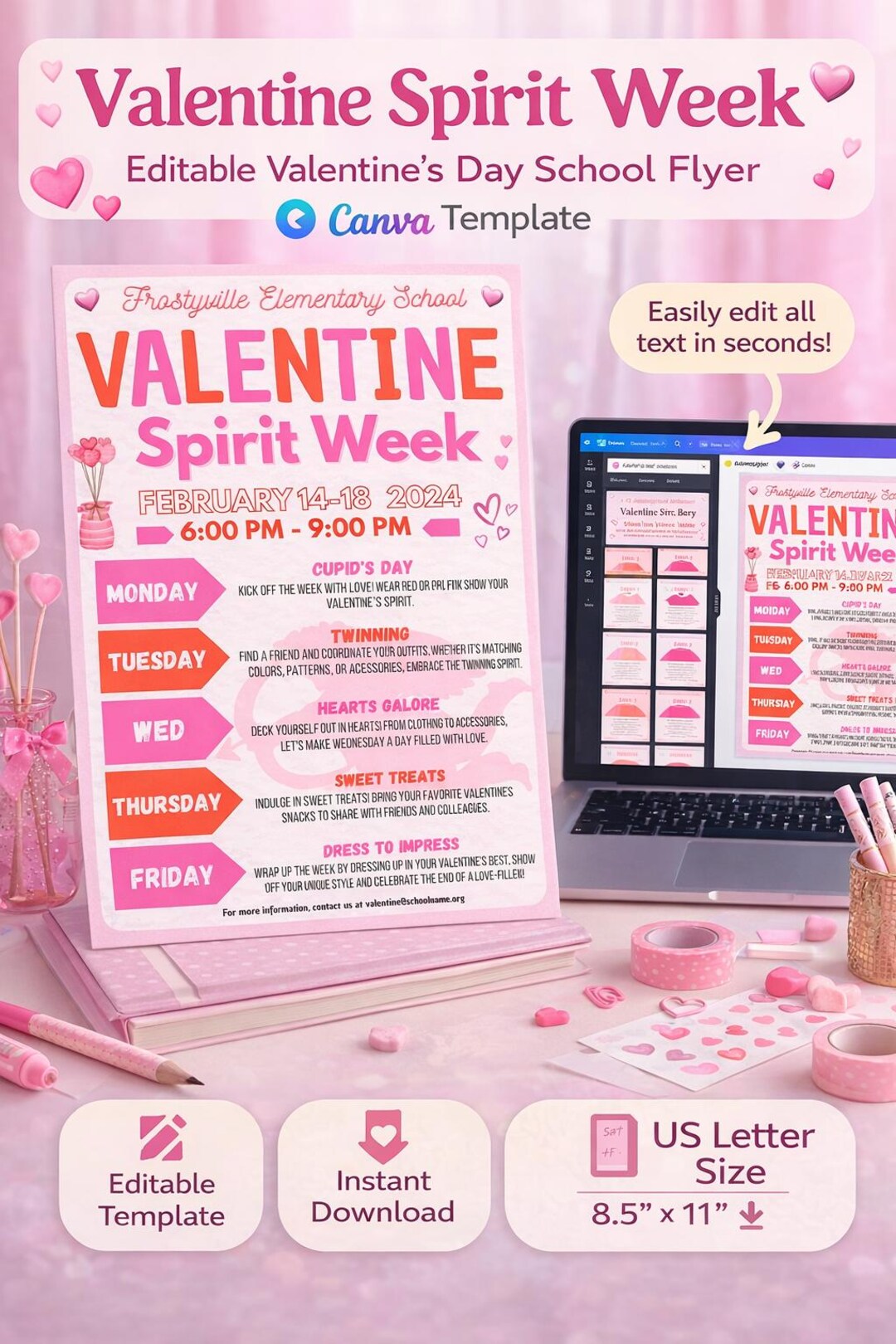 Editable Valentine Spirit Week Poster for Schools – Easy-to-use Canva ...