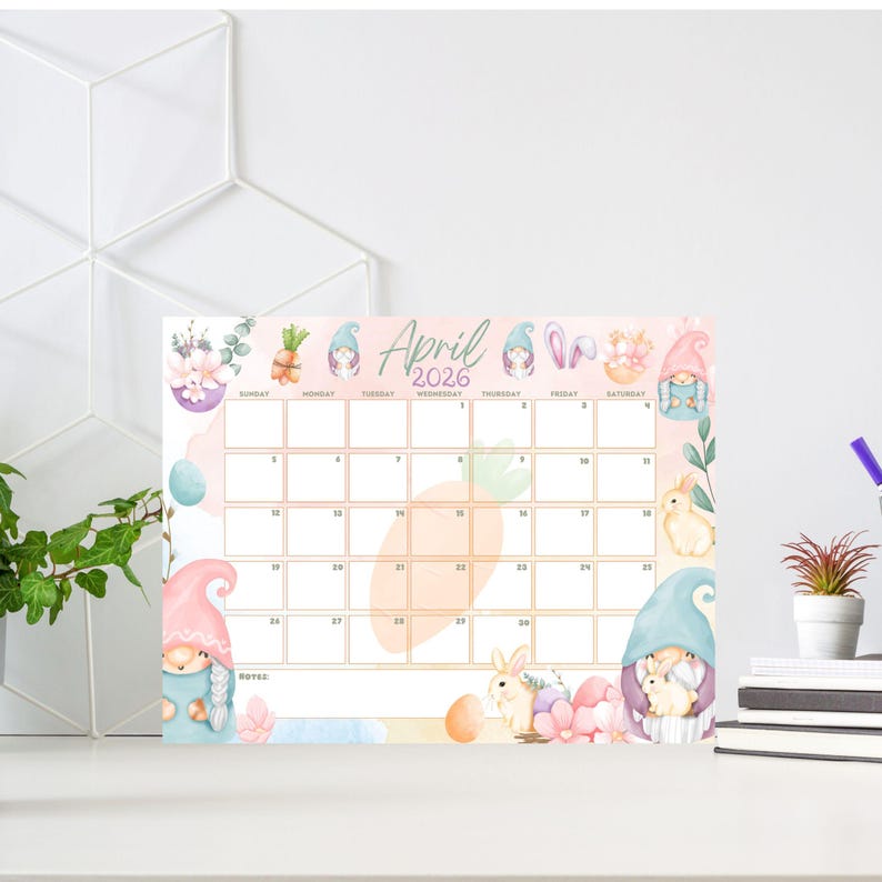Editable PDF April 2026 Calendar Printable, Cute Easter Gnome Monthly ...