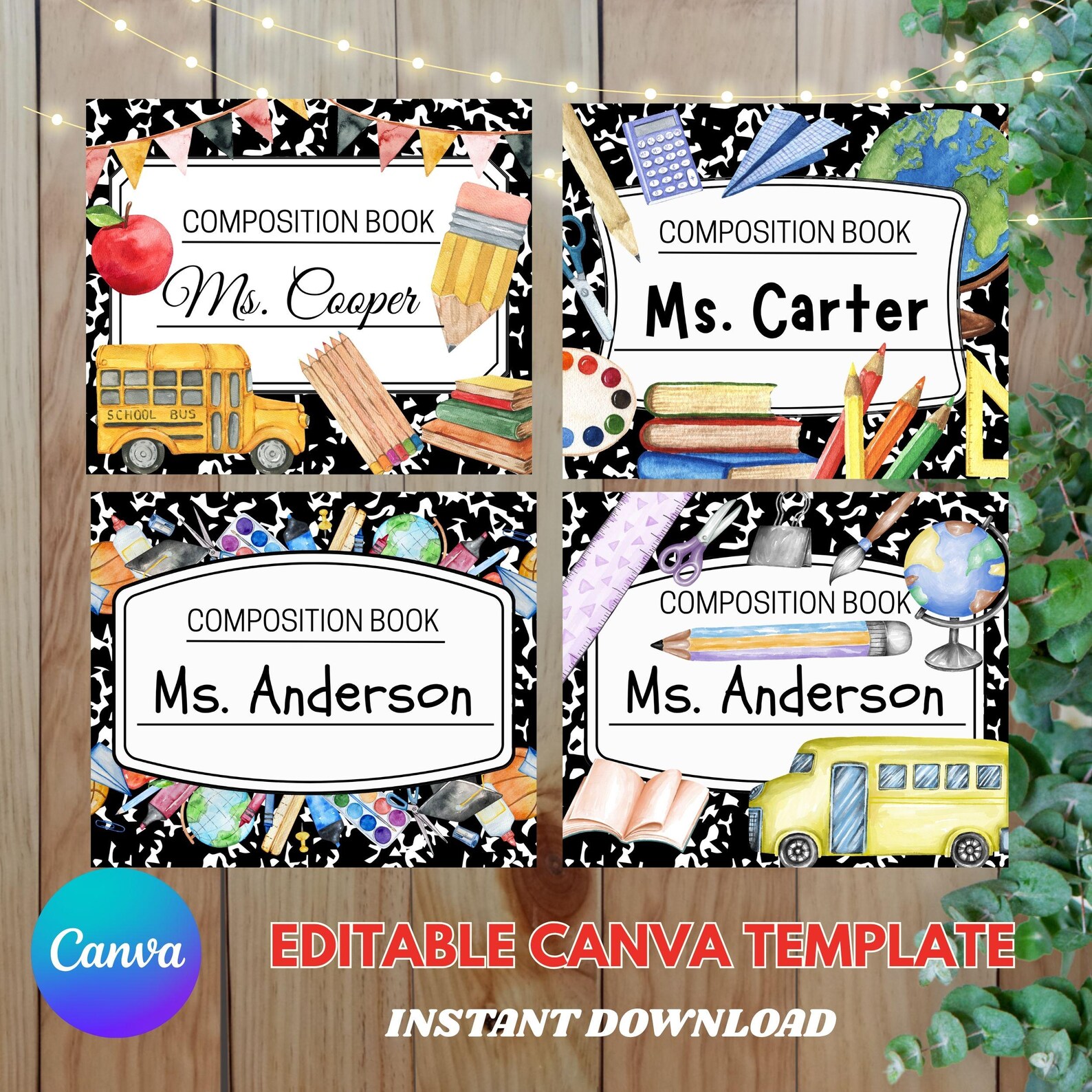 Teacher Composition Notebook Printable Bundle, Editable Teacher Name ...
