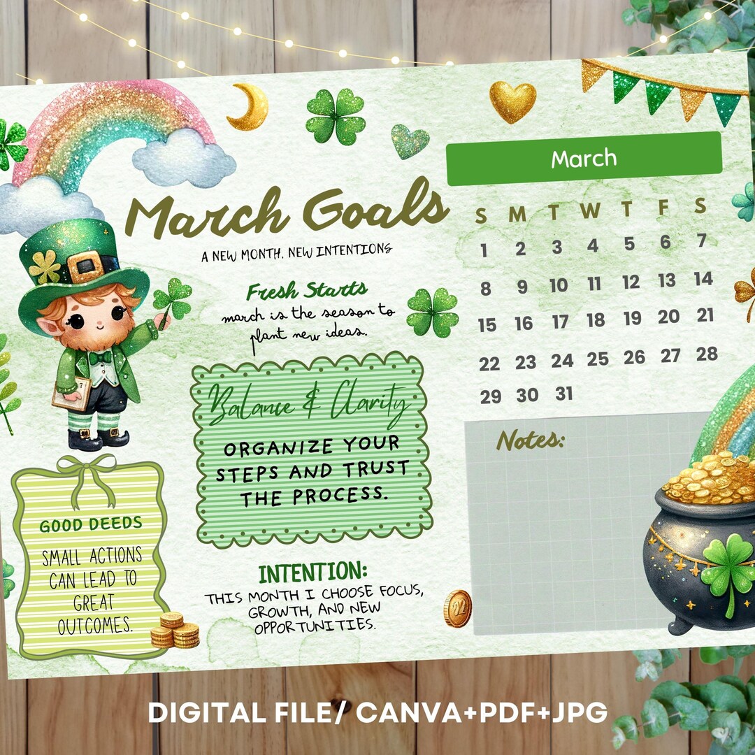 March Goals Printable | St. Patrick’s Day Planner | Monthly Goal Setting Page | Cute Green ...
