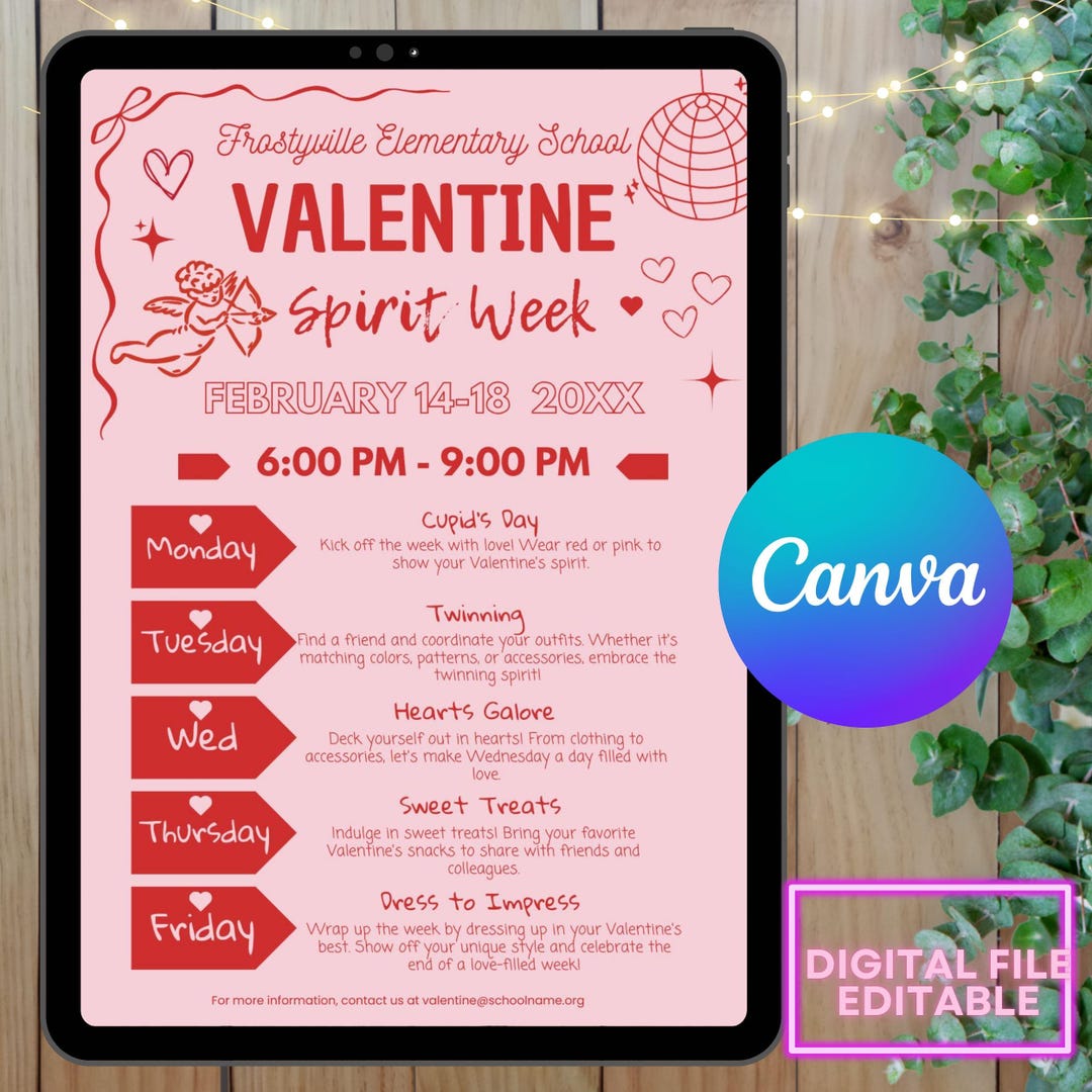 Valentine Spirit Week | School Theme Days Schedule | Canva Editable ...
