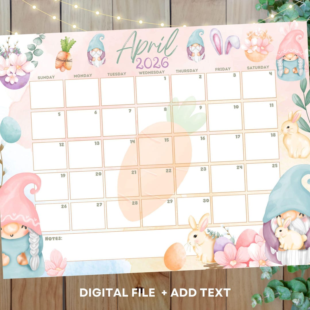 Editable PDF April 2026 Calendar Printable, Cute Easter Gnome Monthly ...