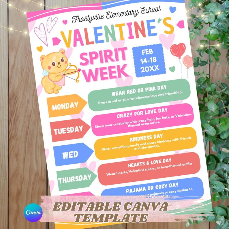 Editable Canva Valentine’s Day Spirit Week Flyer | Elementary School ...
