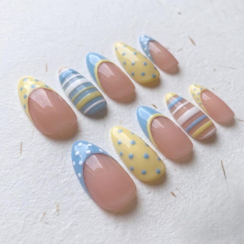 Hand-painted Pastel Blue Yellow French Tip Nails, Polka Dot Striped ...