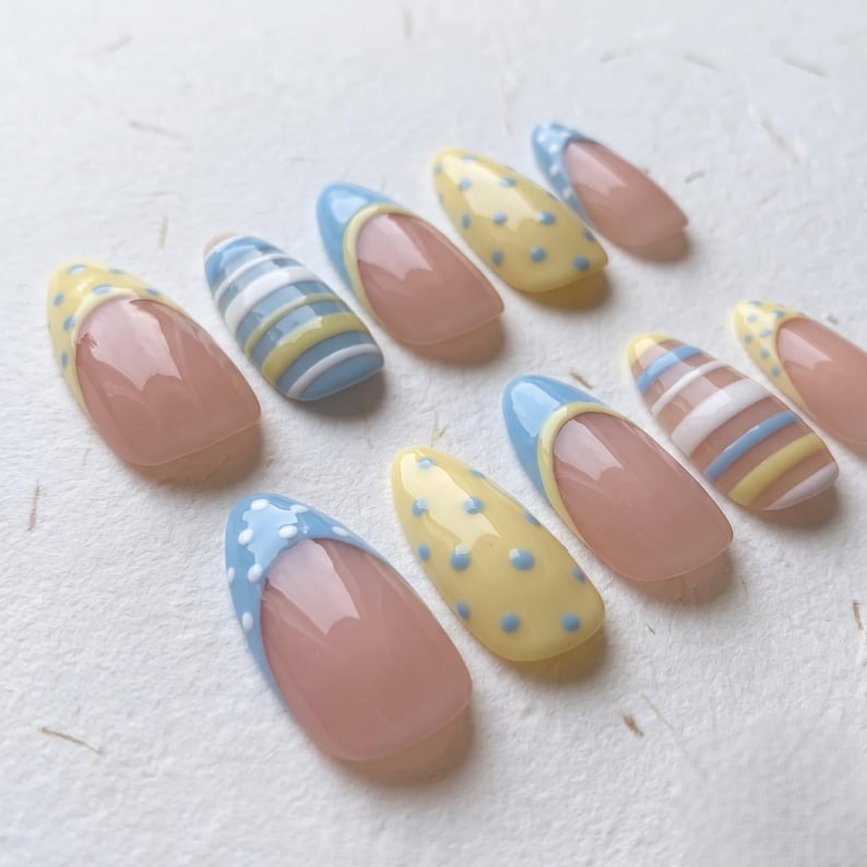 Hand-painted Pastel Blue Yellow French Tip Nails, Polka Dot Striped ...