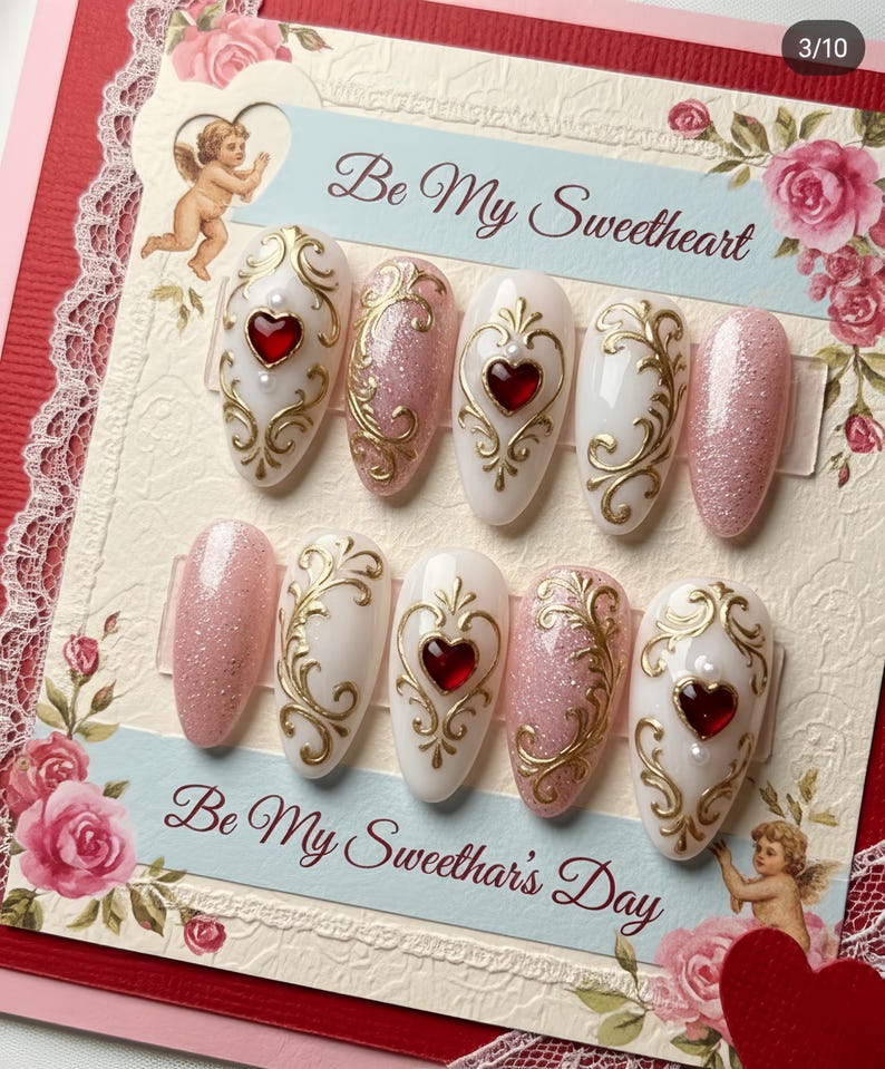 Handmade Baroque Pearl Press on Nails, Gold Heart Valentine Set - Etsy