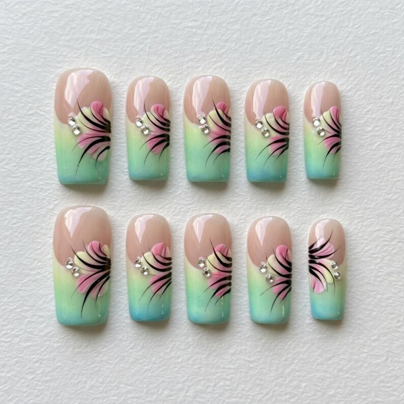 Pastel Floral French Tip Press on Nails, Ombre Gradient Summer Art - Etsy