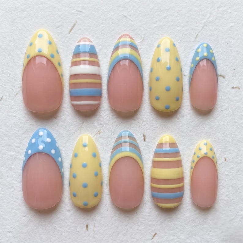 Hand-painted Pastel Blue Yellow French Tip Nails, Polka Dot Striped ...