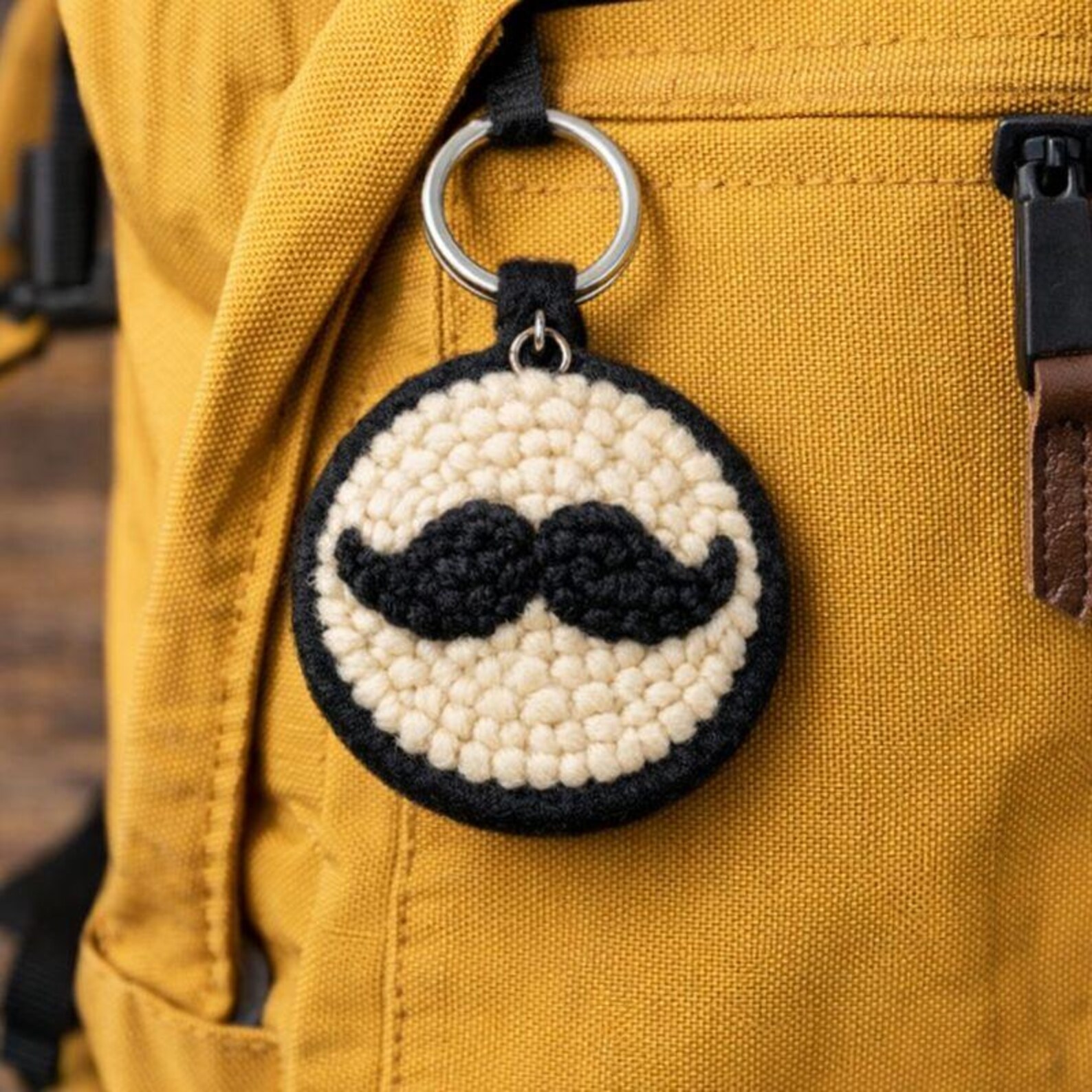 Mustache Motif Punch Needle Dad Keychain – Felt Backed Handmade Gift ...