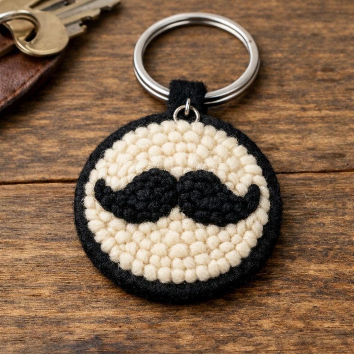 Mustache Motif Punch Needle Dad Keychain – Felt Backed Handmade Gift ...