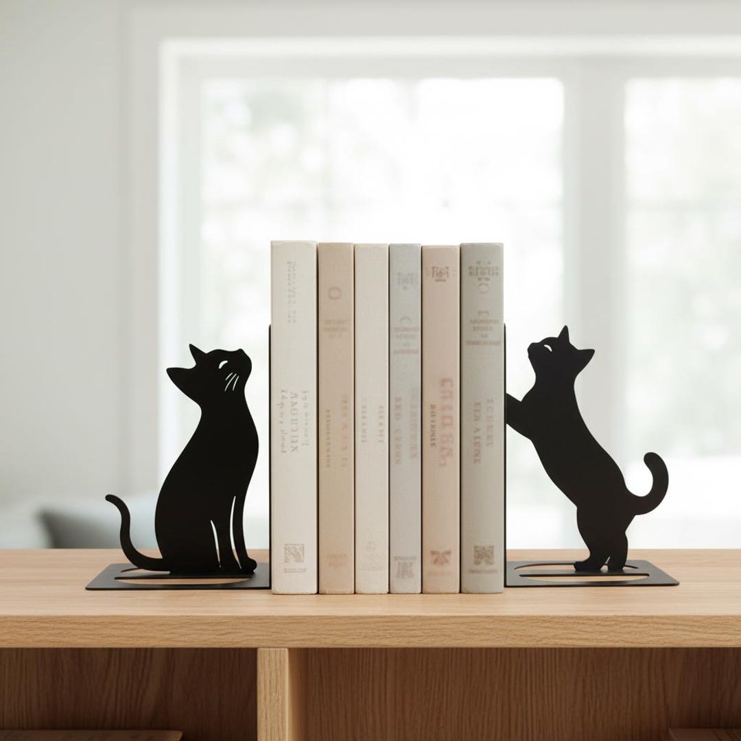 Stretching Cat Bookends for Shelves, Metal Bookshelf Holder & Black ...