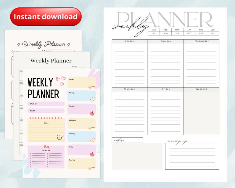 Minimalist Weekly Planner Set | Printable Productivity Pages (PDF, PNG ...