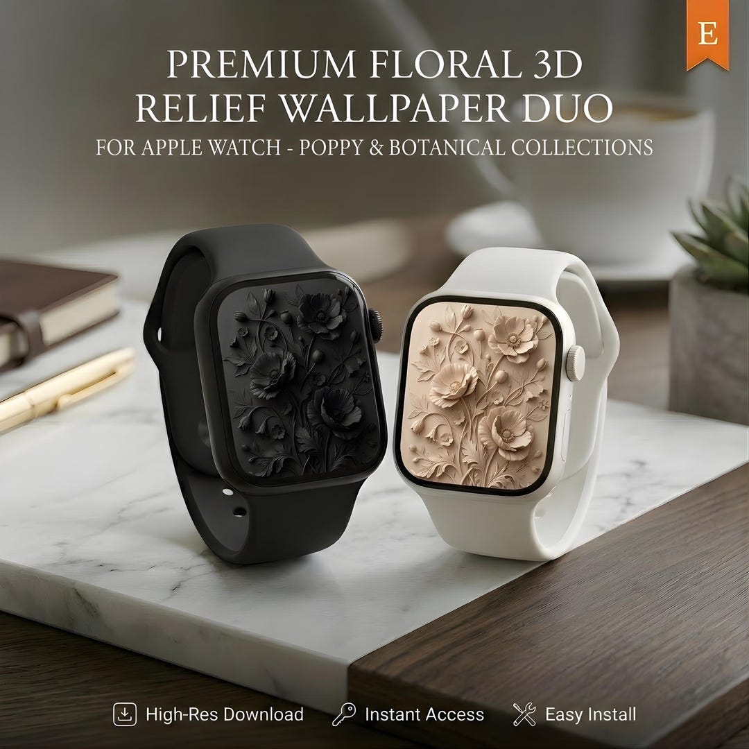 3D Relief Poppy Watch Wallpaper Duo, Black Ivory Botanical Smartwatch ...