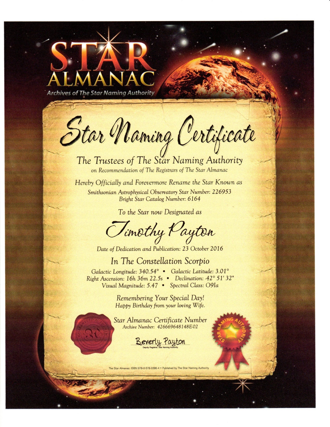 Personalized Star Naming Certificate Official Gift Giving And/or ...
