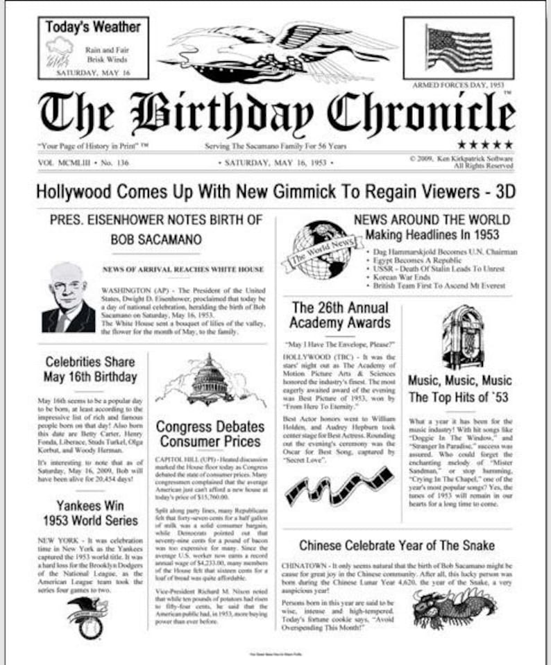 Personalized Birthday Chronical Newspaper Print - Etsy