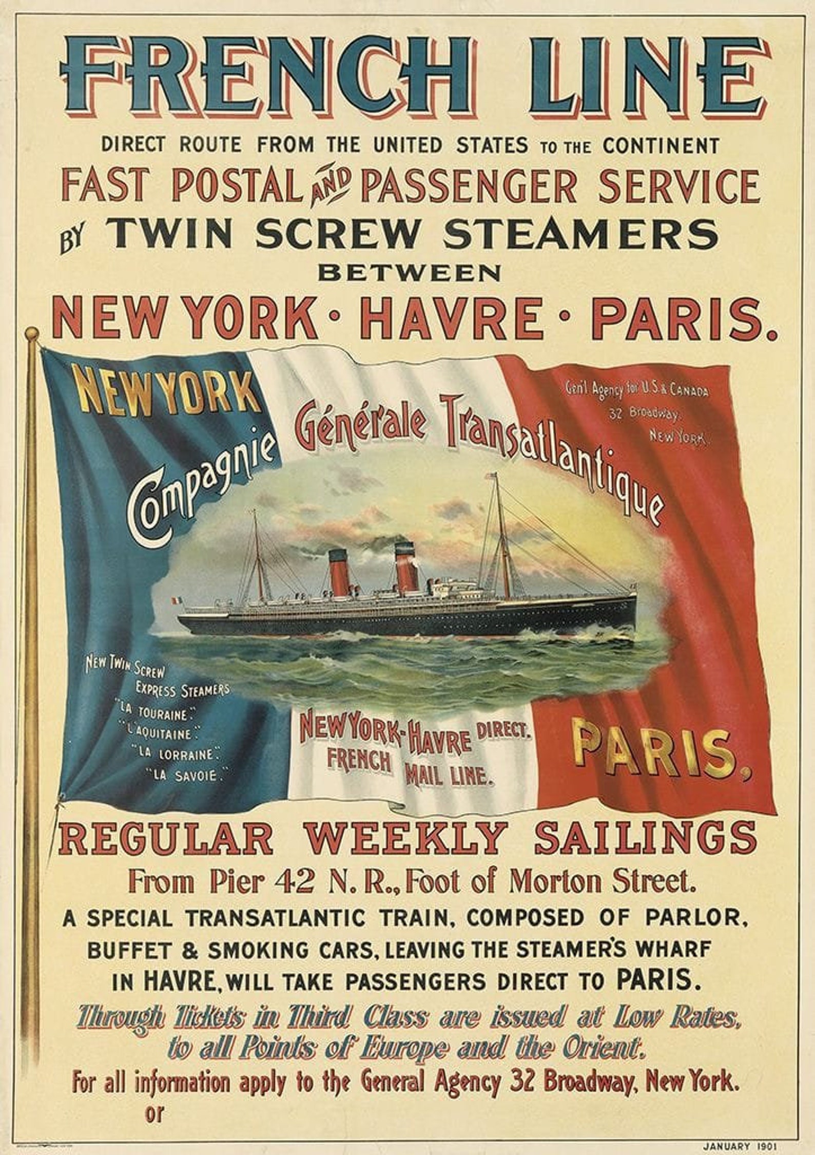 French Line Steamer Ships Vintage Reproduction Travel Poster 11x17 Wall ...