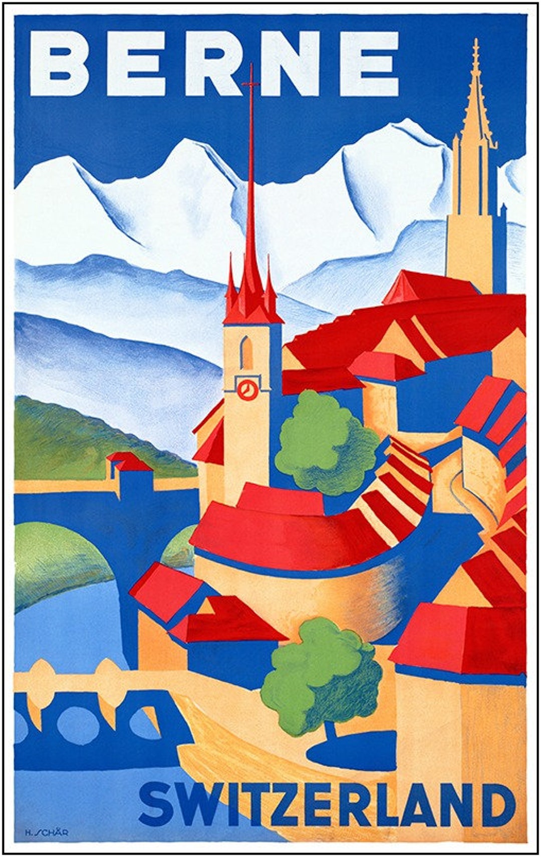 Berne Switzerland 1936 Vintage Reproduction Travel Poster 11x17 Wall ...