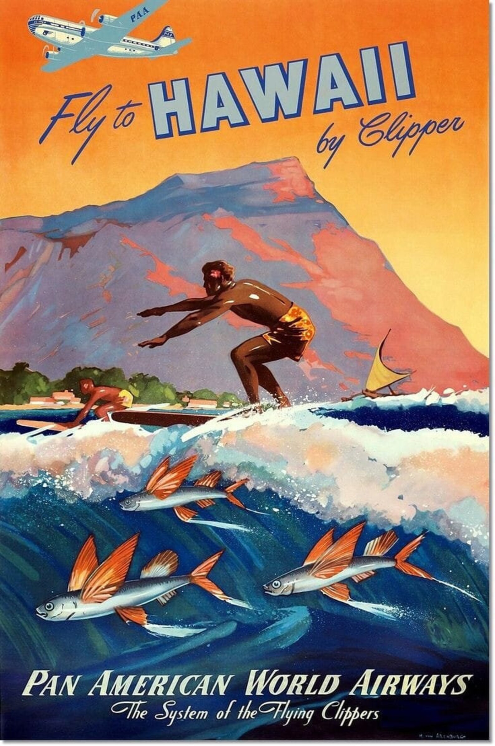 Fly to Hawaii Pan American Airlines Vintage Reproduction Travel Poster ...